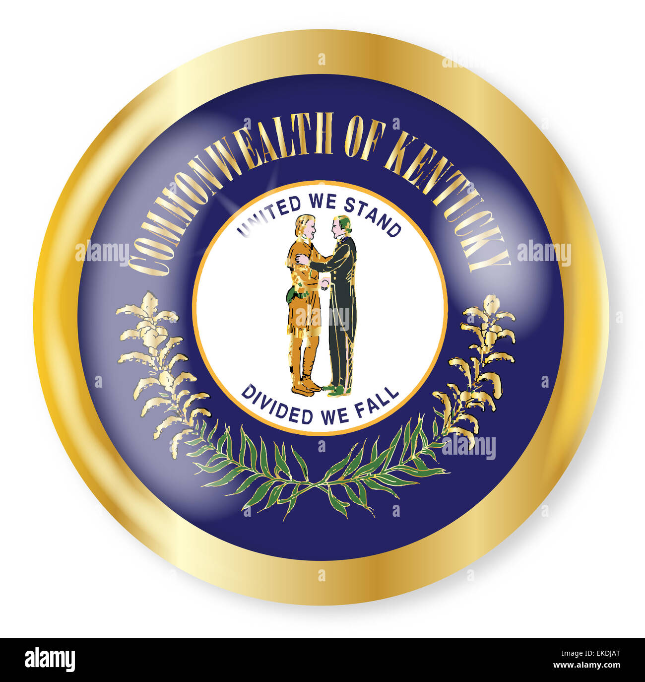 Kentucky state flag button with a gold metal circular border over a ...