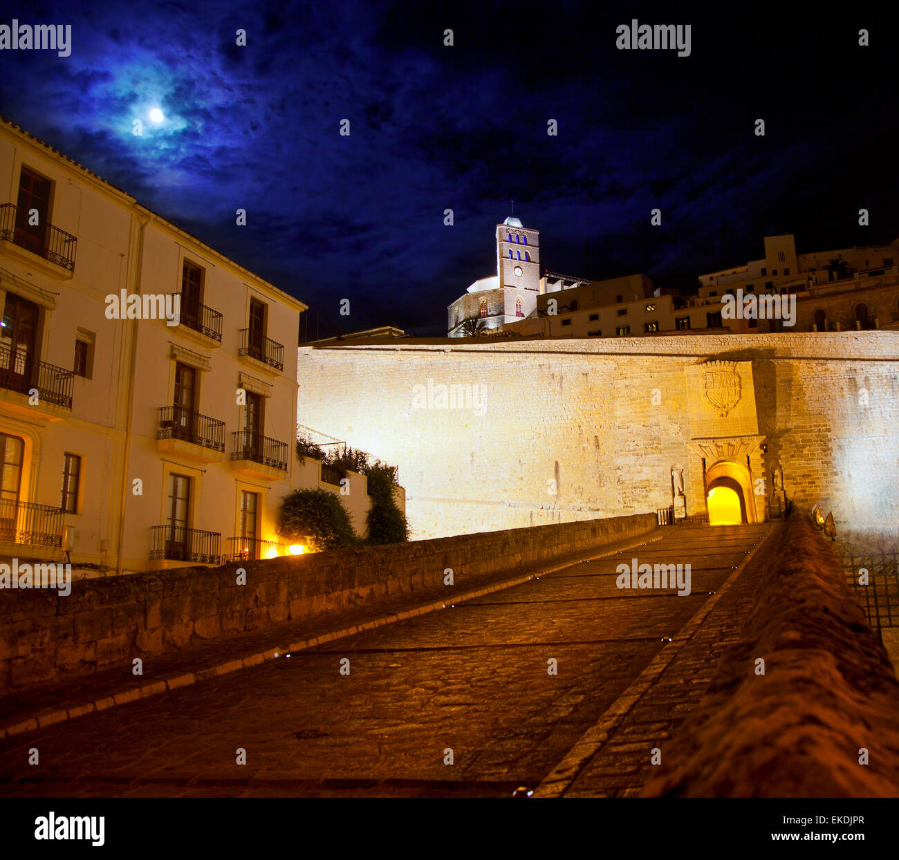 Eivissa Ibiza town with night moon castle entrance Stock Photo - Alamy