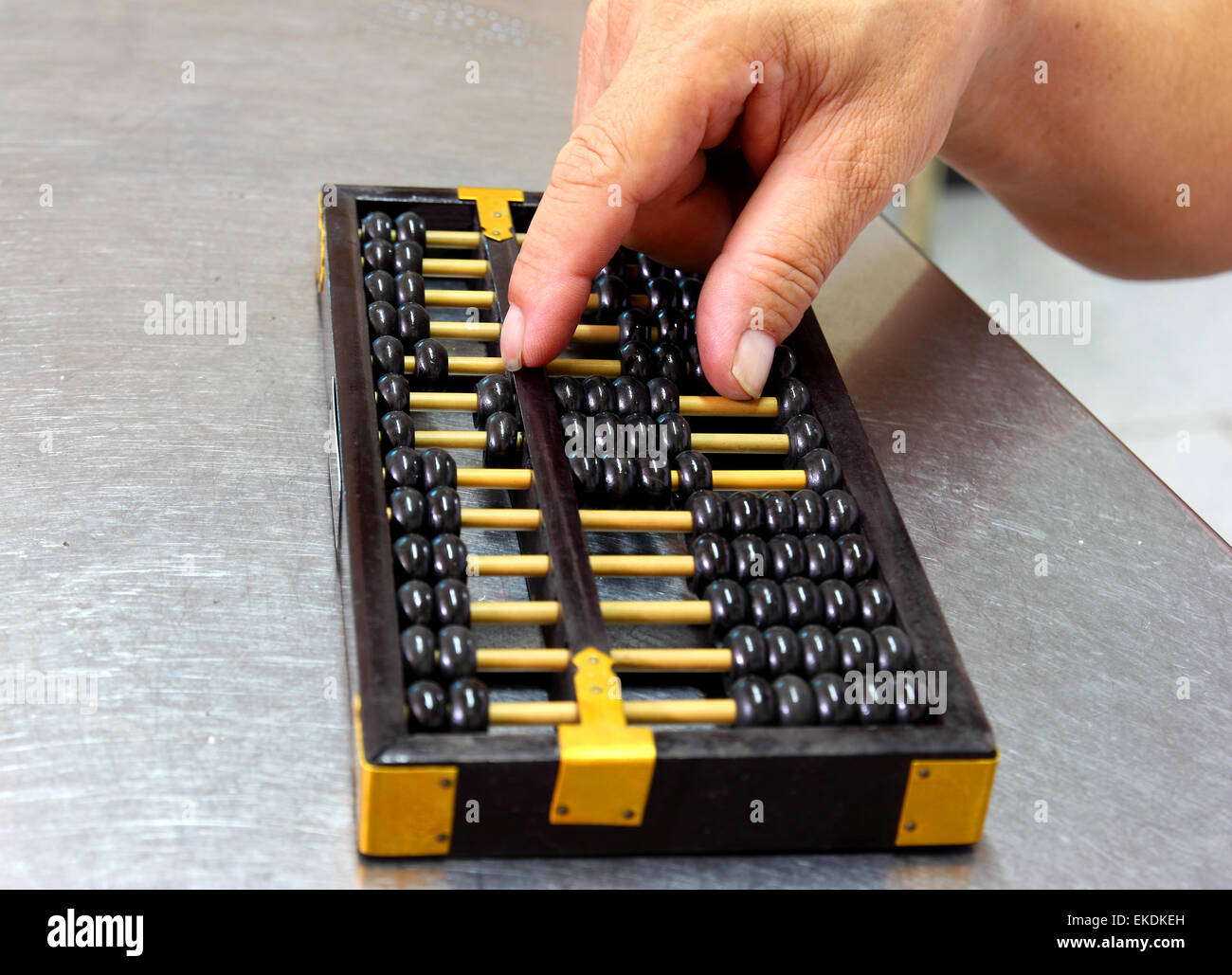 Abacus with old man's hand Stock Photo - Alamy