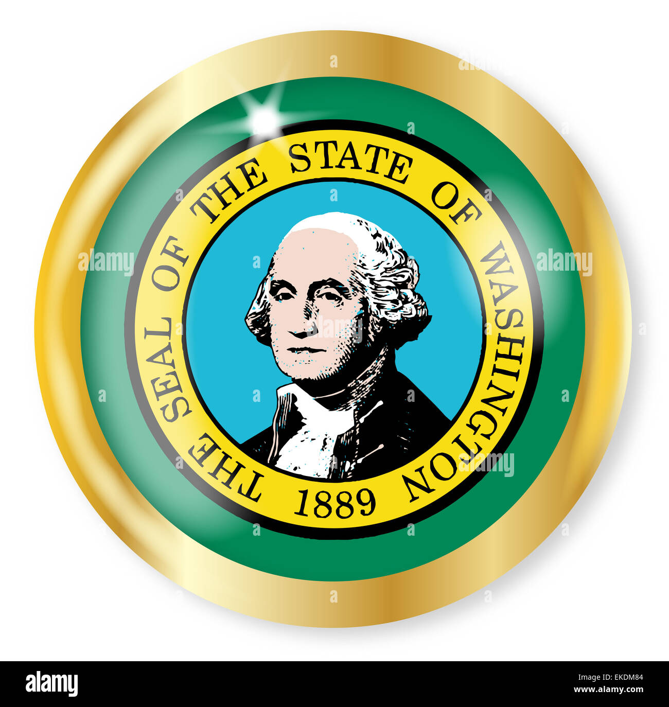 Washington state flag button with a gold metal circular border over a ...