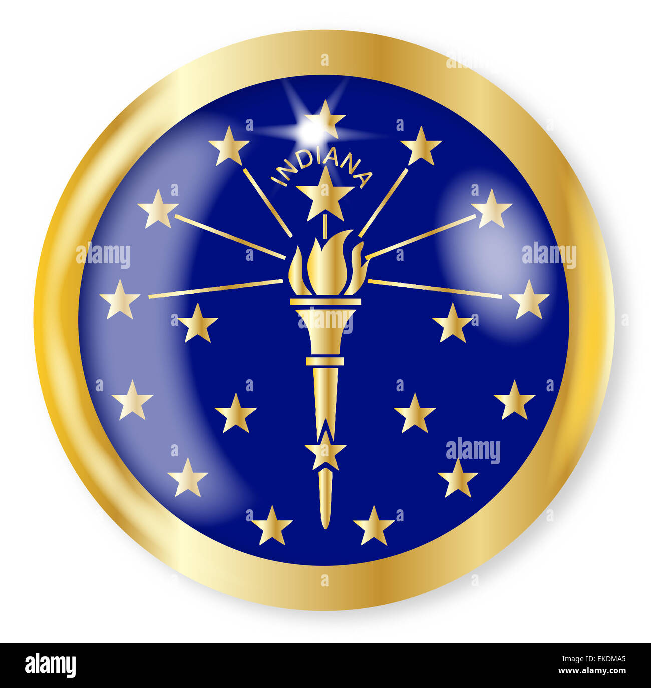 Indiana state flag button with a gold metal circular border over a ...