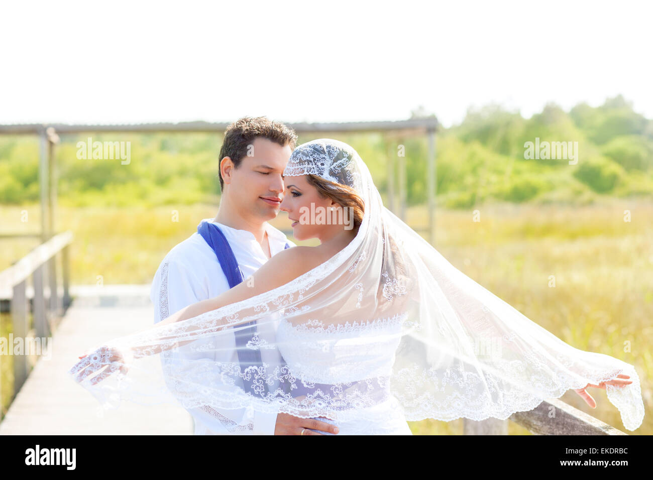 Couple in wedding day with wind on veil Stock Photo - Alamy