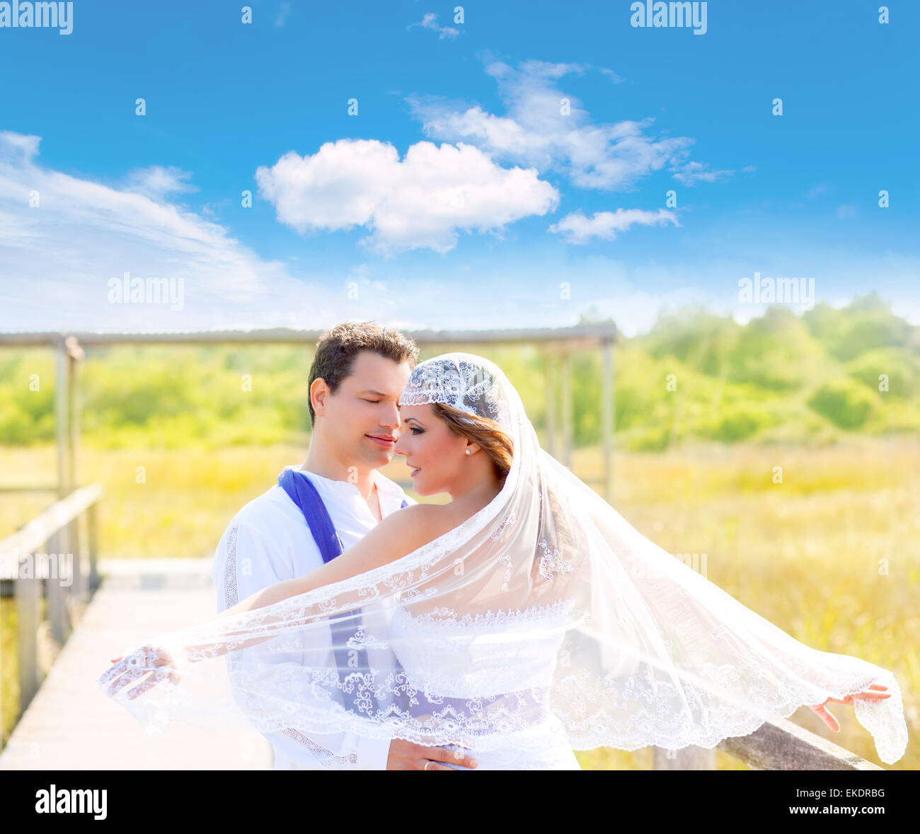 Couple in wedding day with wind on veil Stock Photo - Alamy