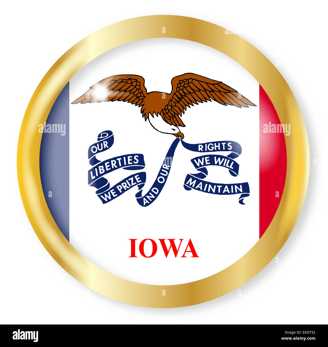 Iowa state flag button with a gold metal circular border over a white ...