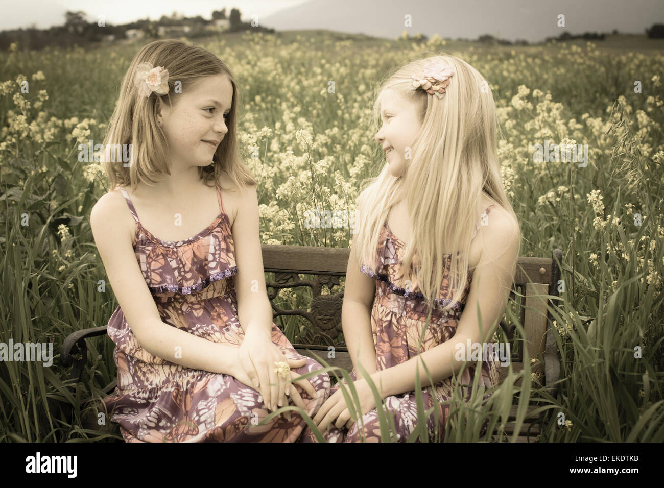 Two sisters laugh together while sitting on a bench in a field of ...