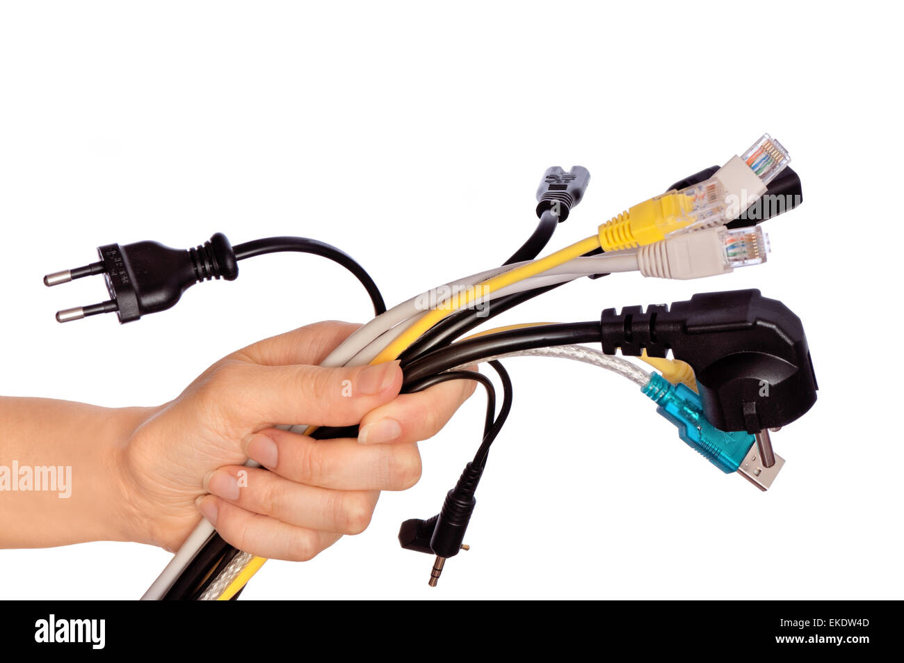 woman taking different cables in the hand Stock Photo - Alamy