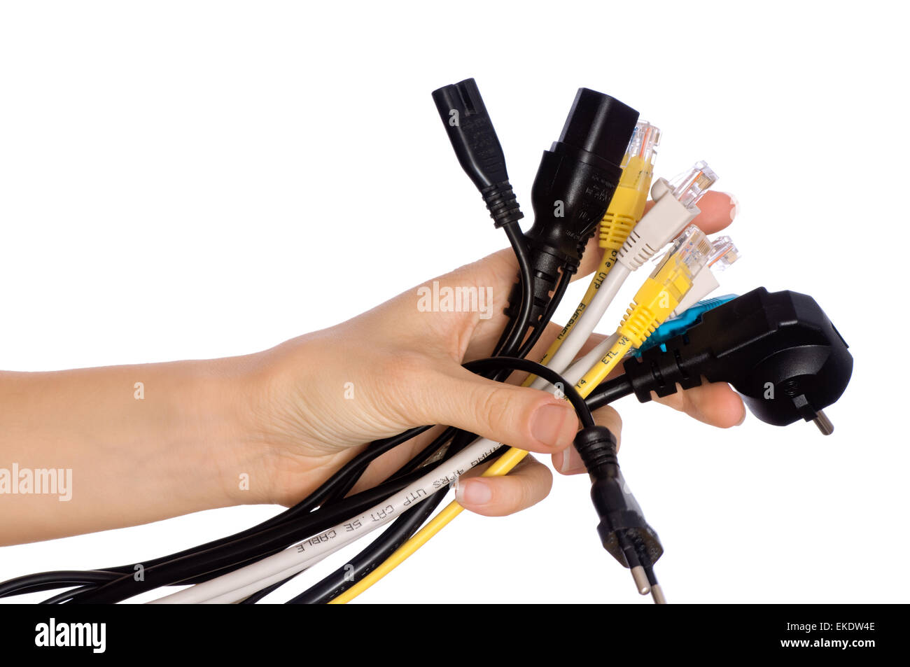woman taking different cables in the hand Stock Photo - Alamy