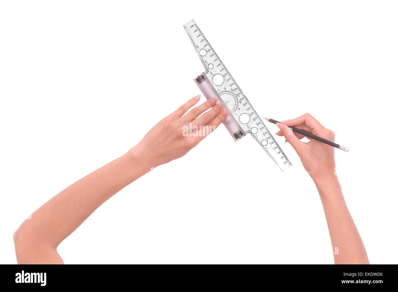 woman draws line with rule and pencil Stock Photo - Alamy