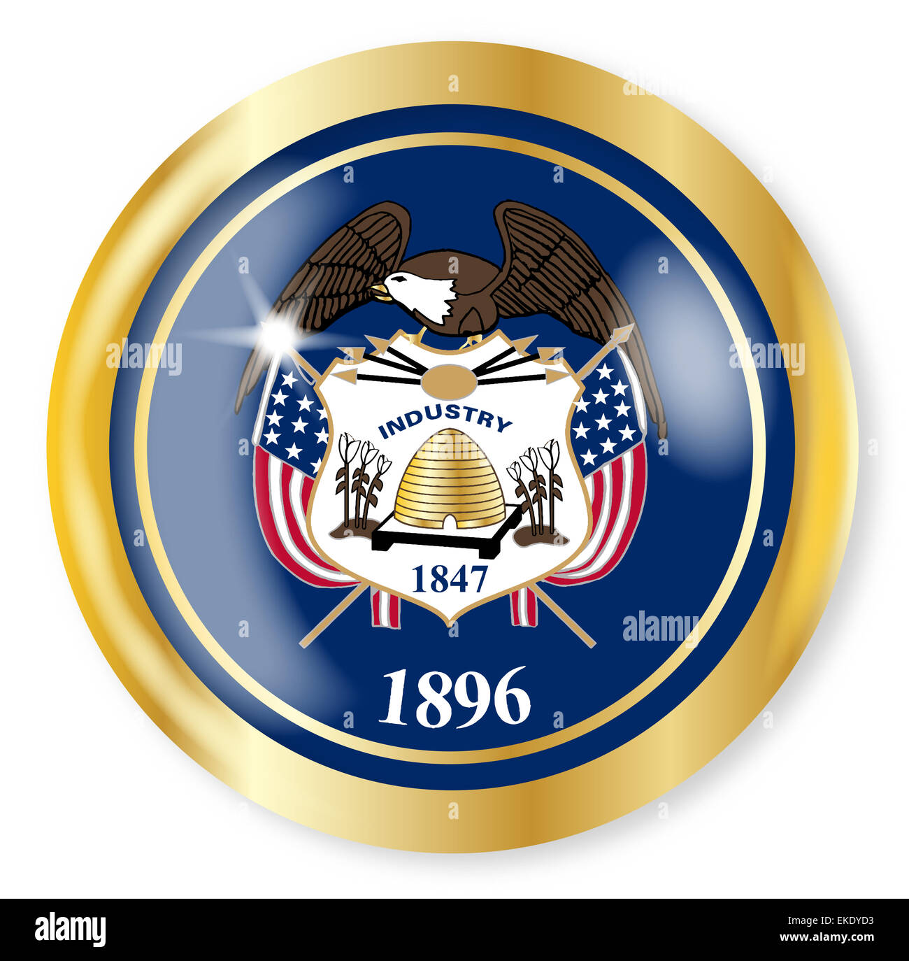 Utah state flag button with a gold metal circular border over a white ...