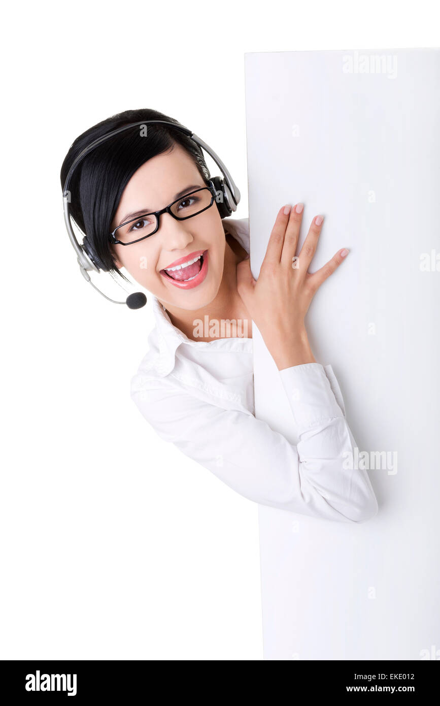 Call center worker holding blank sign board Stock Photo - Alamy