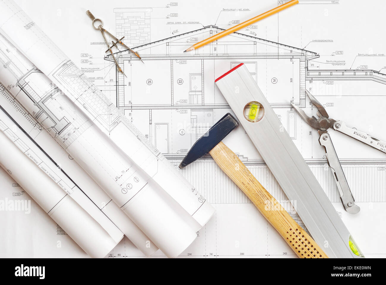 Blueprint and drafting tools hammer hi-res stock photography and images ...