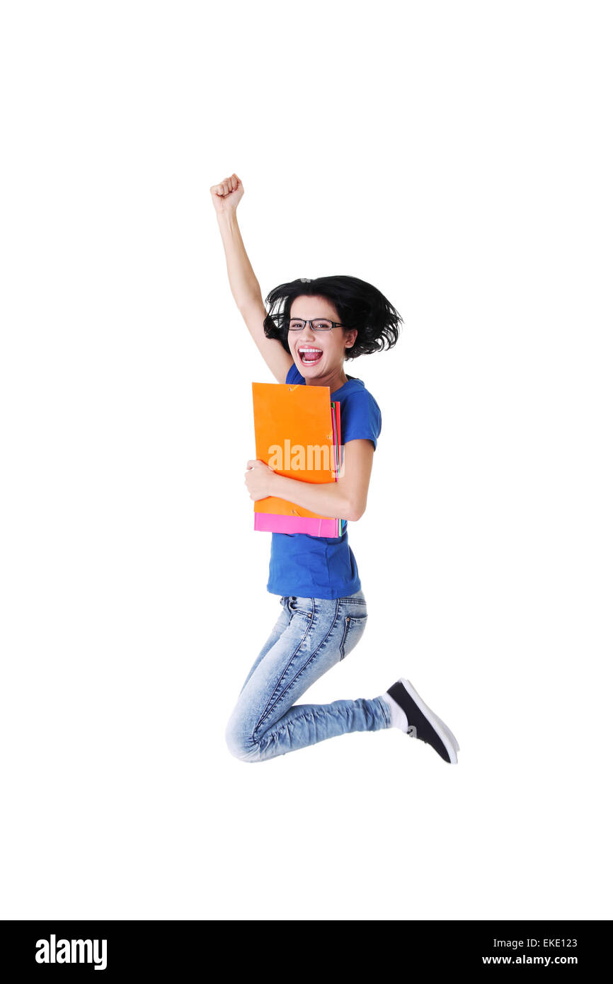 Jumping student girl Stock Photo - Alamy