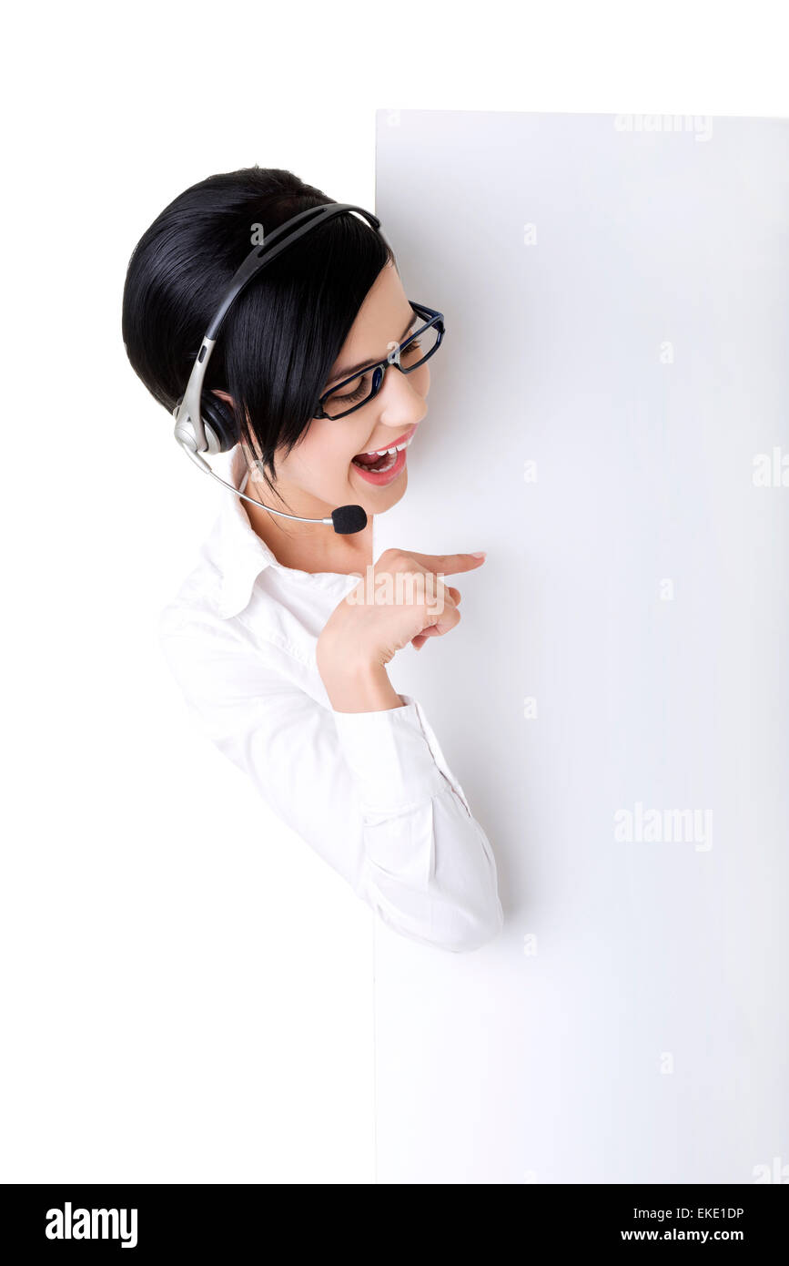 Call center worker holding blank sign board Stock Photo - Alamy