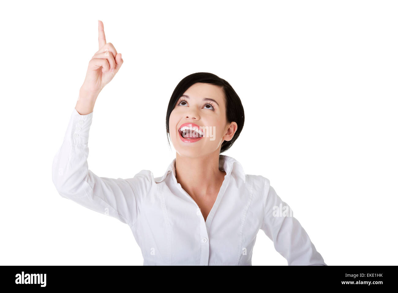 Beautiful business woman showing copy space Stock Photo - Alamy