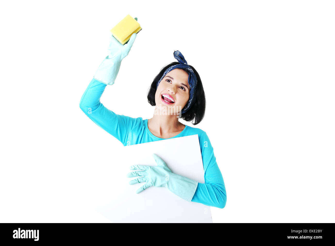 Cleaning woman showing blank sign board Stock Photo - Alamy