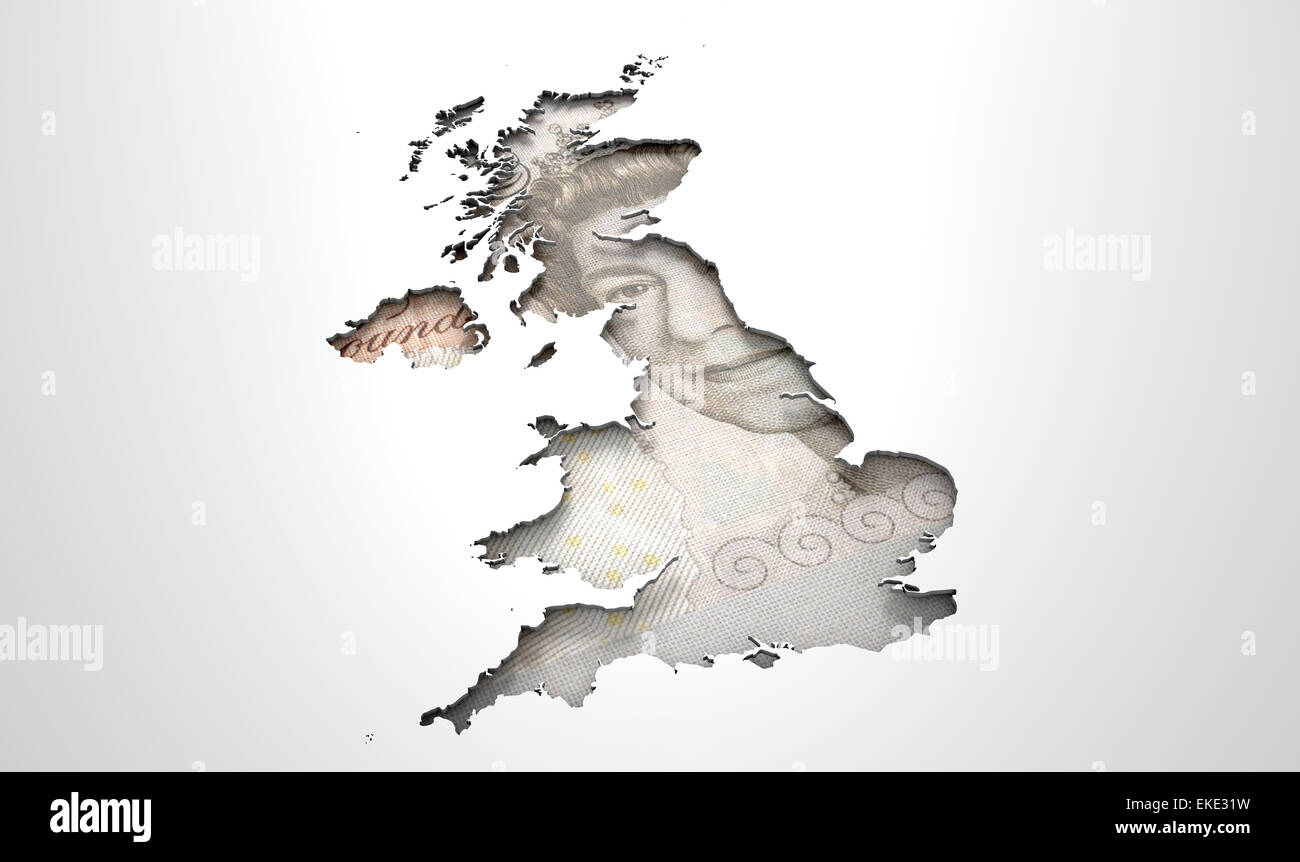 The shape of the country of Great Britain in the colours of its pound ...