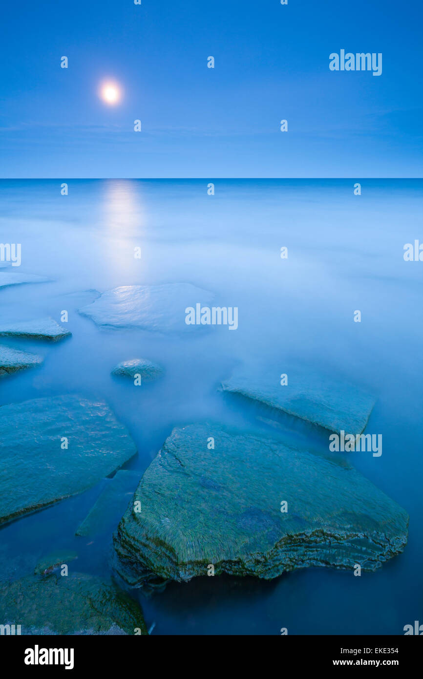 Algae covered rocks in Lake Ontario at dusk with a full moon. Oakville ...