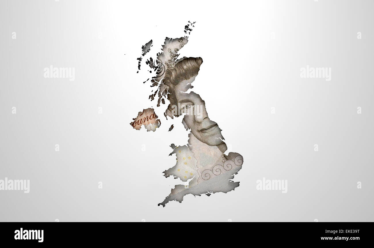 The shape of the country of Great Britain in the colours of its pound ...