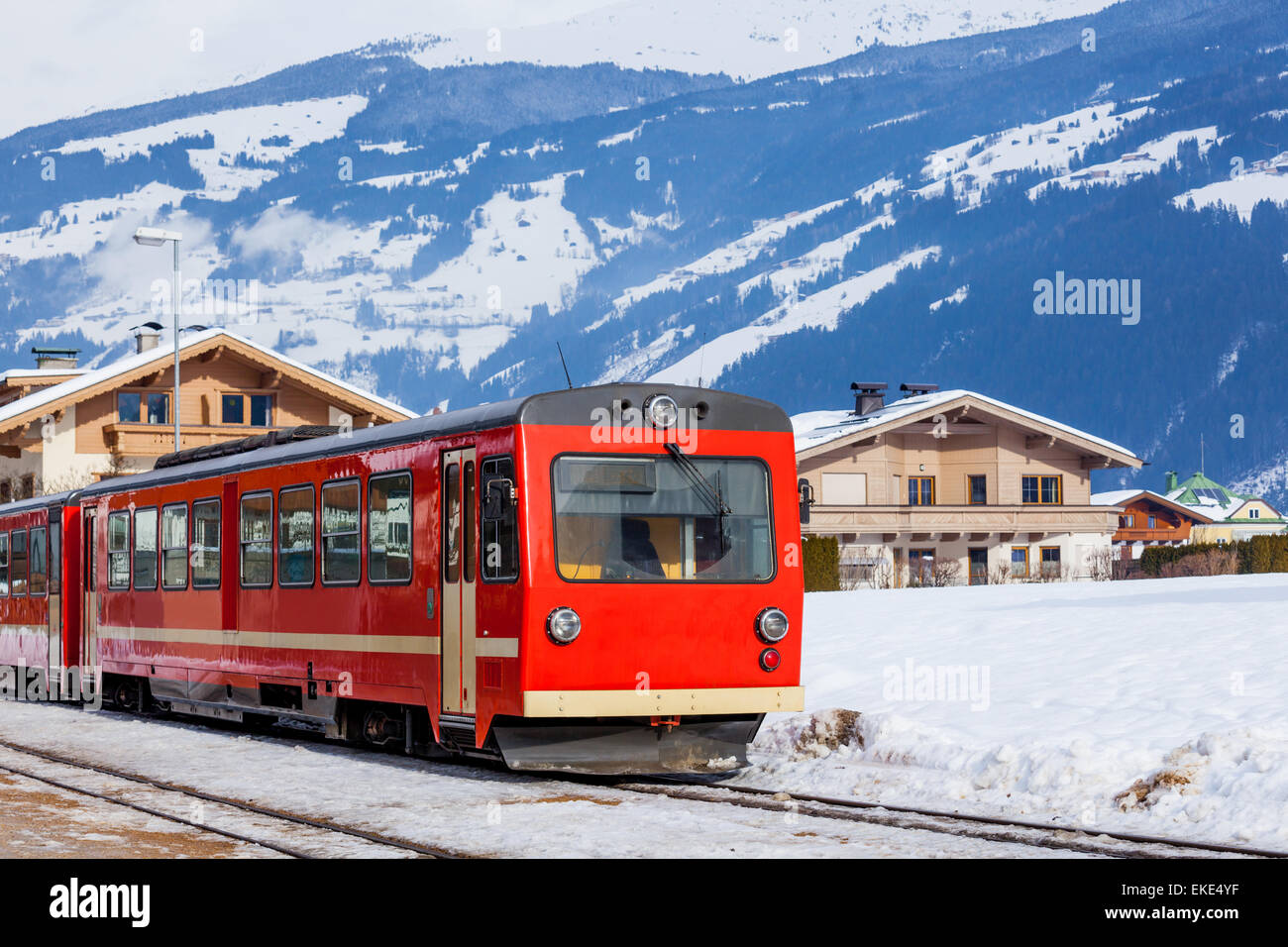Red train in Austria Stock Photo - Alamy