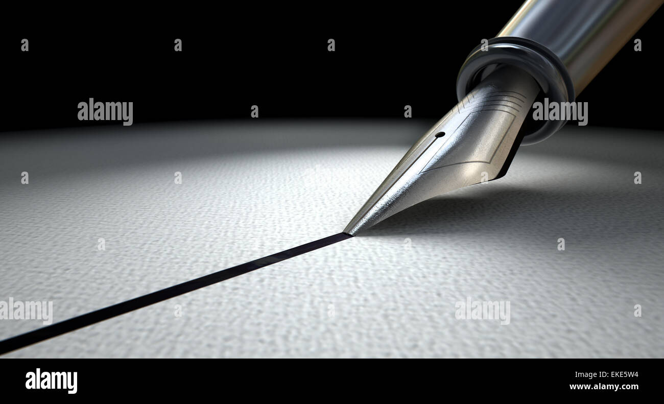 A side view closeup of the metal nib of an old fountain pen drawing a ...