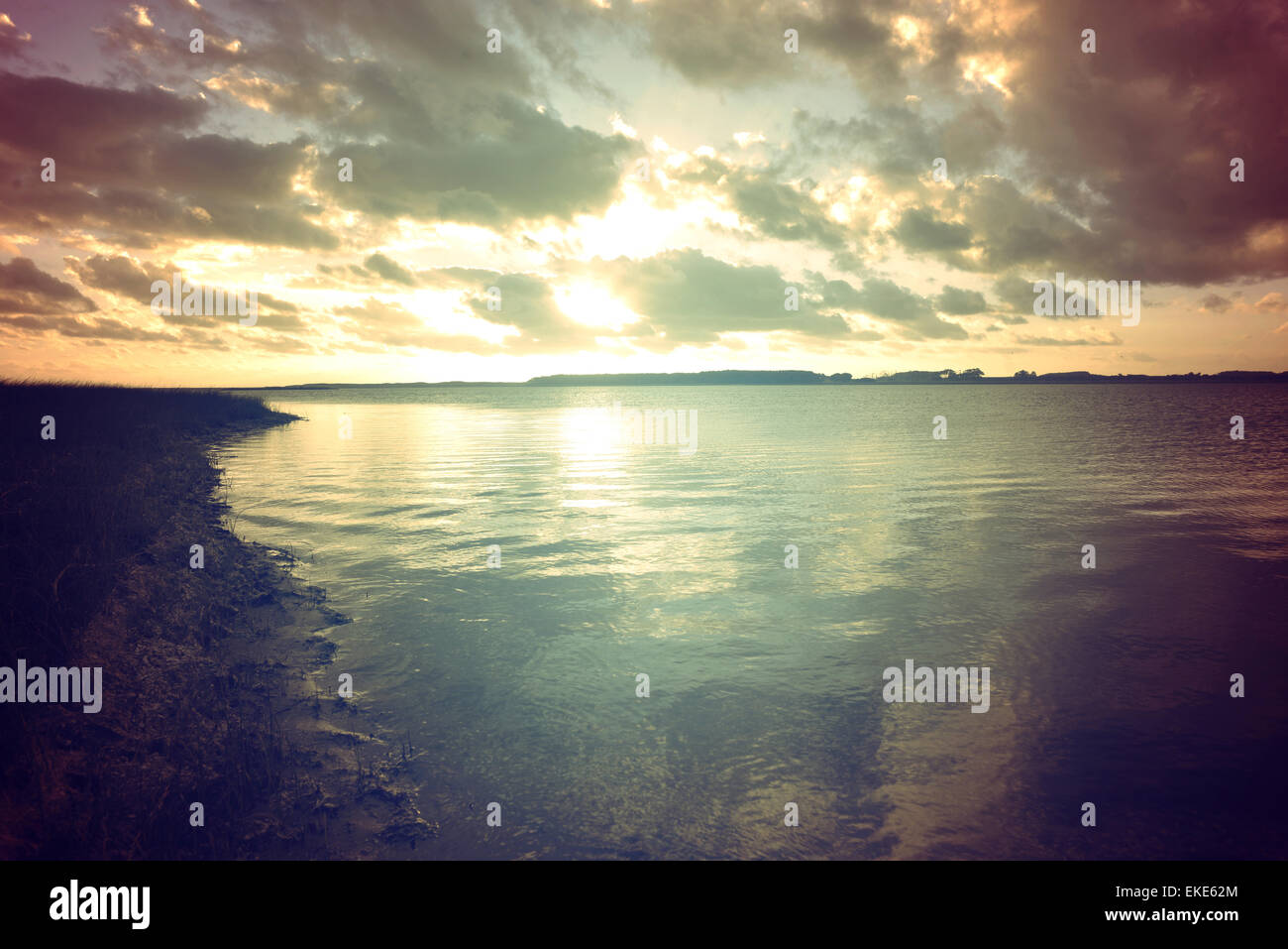 Calm lagoon retro colors landscape at sunset. Chill out concept ...