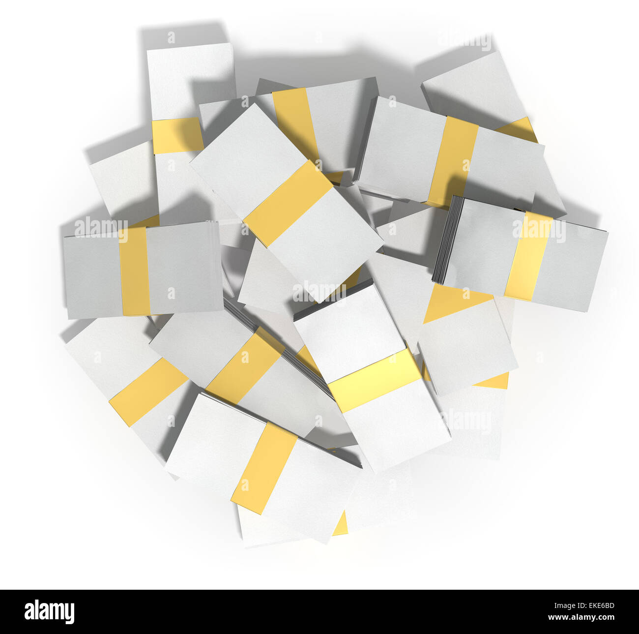 A pile of randomly scattered wads of generic blank banknotes on an ...