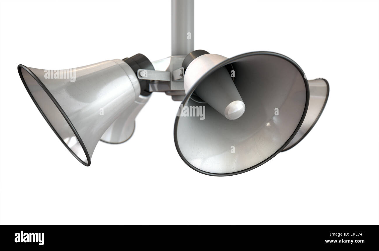 An array of five horn loudspeakers hanging off a pole in a circle ...