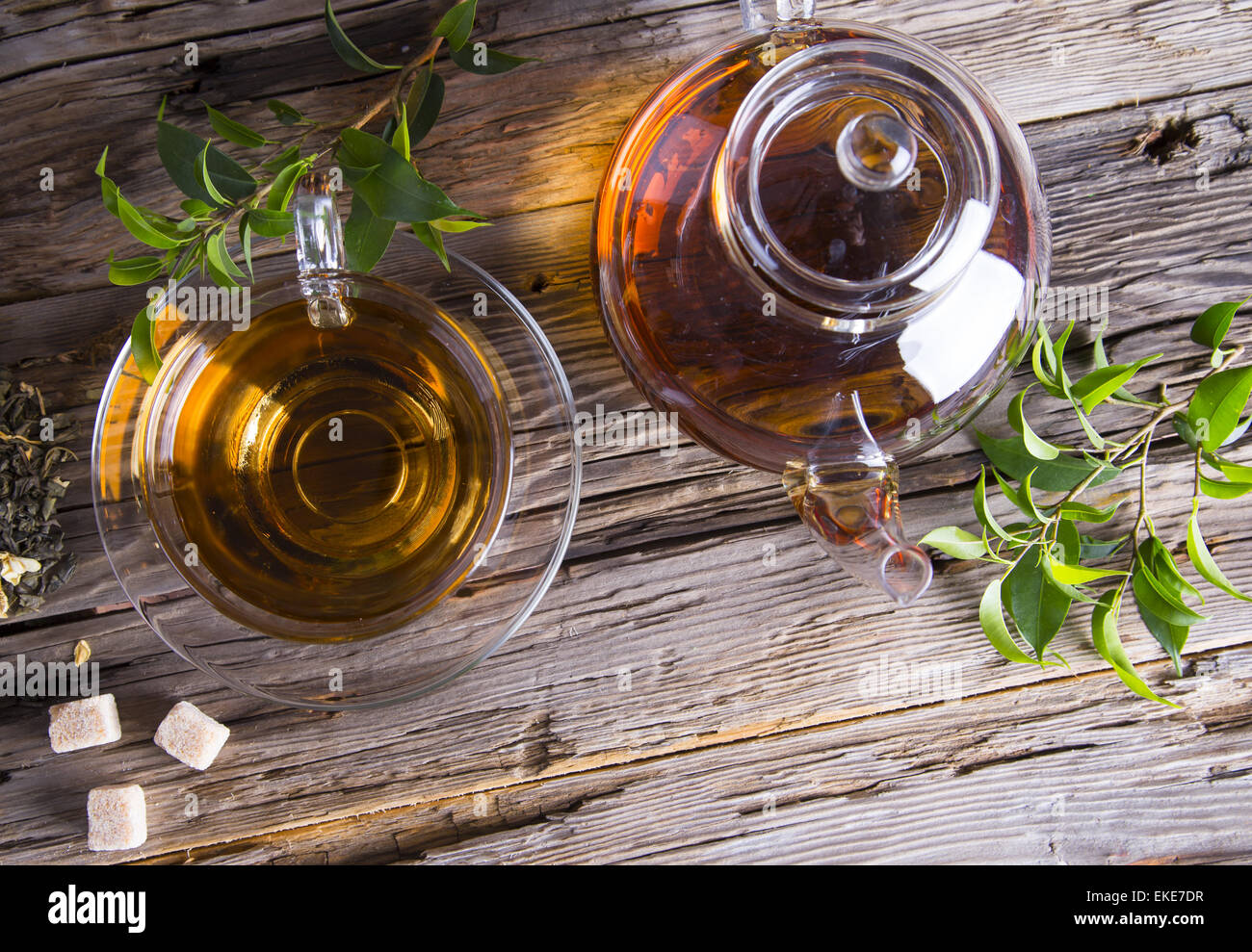 Transparent cup of green tea on wooden background Stock Photo - Alamy