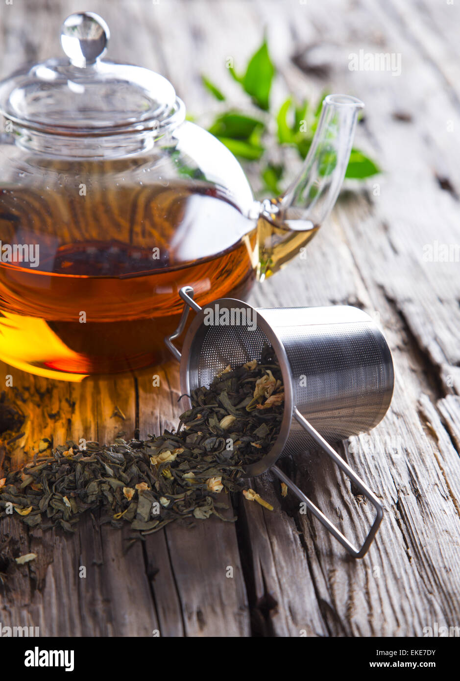 Transparent cup of green tea on wooden background Stock Photo - Alamy