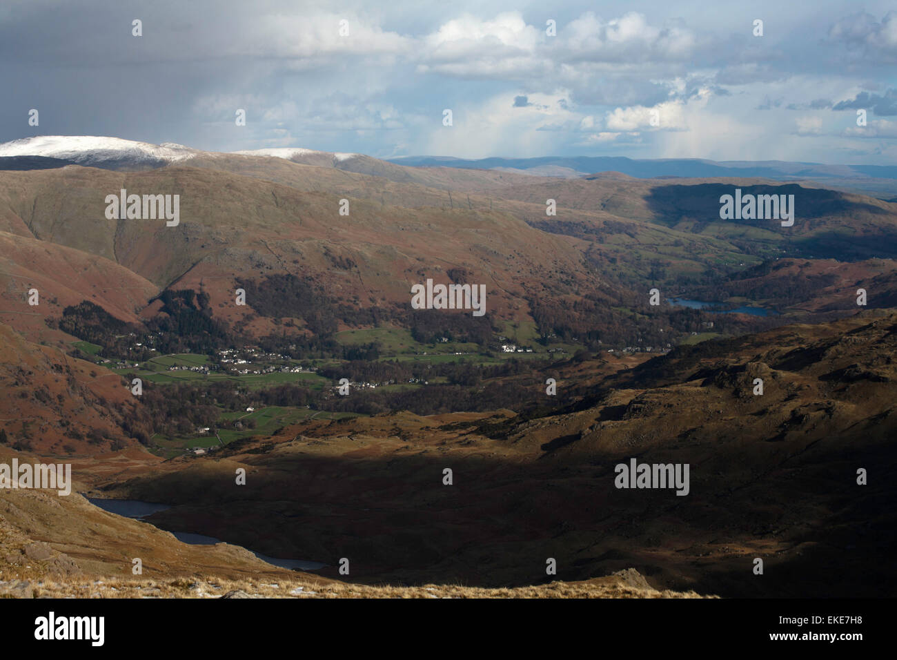 Storm clouds passing across Easedale Tarn and Grasmere from near Belles ...