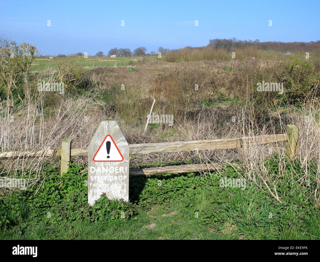 A danger sign showing a steep drop is nearby Stock Photo - Alamy