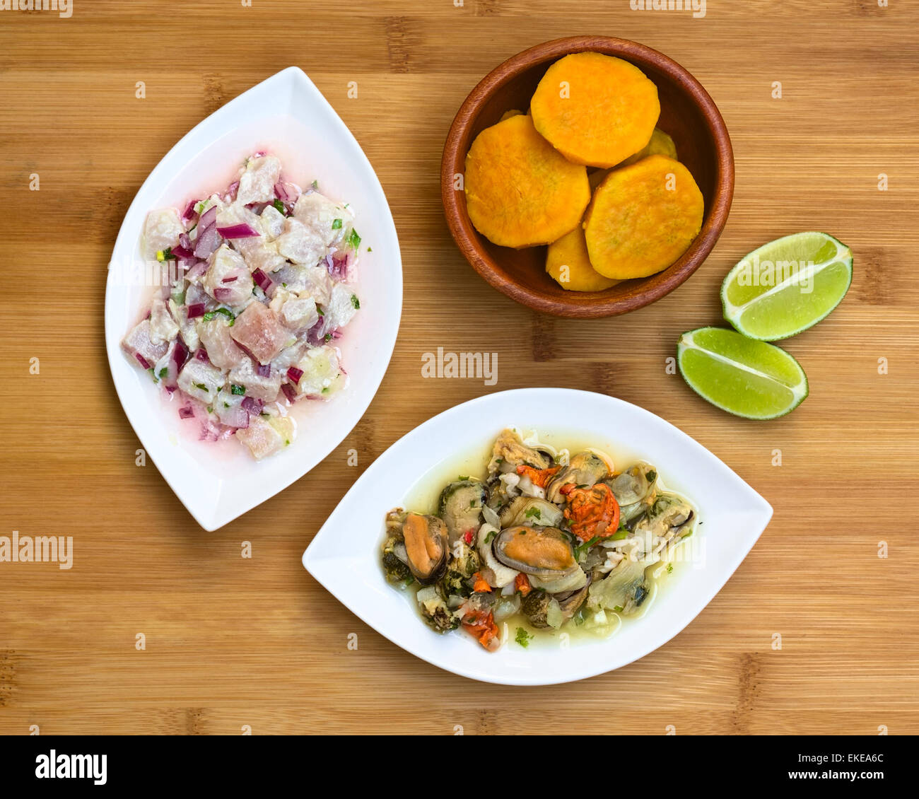 Overhead shot of fish and shellfish ceviche (raw fish and shellfish ...