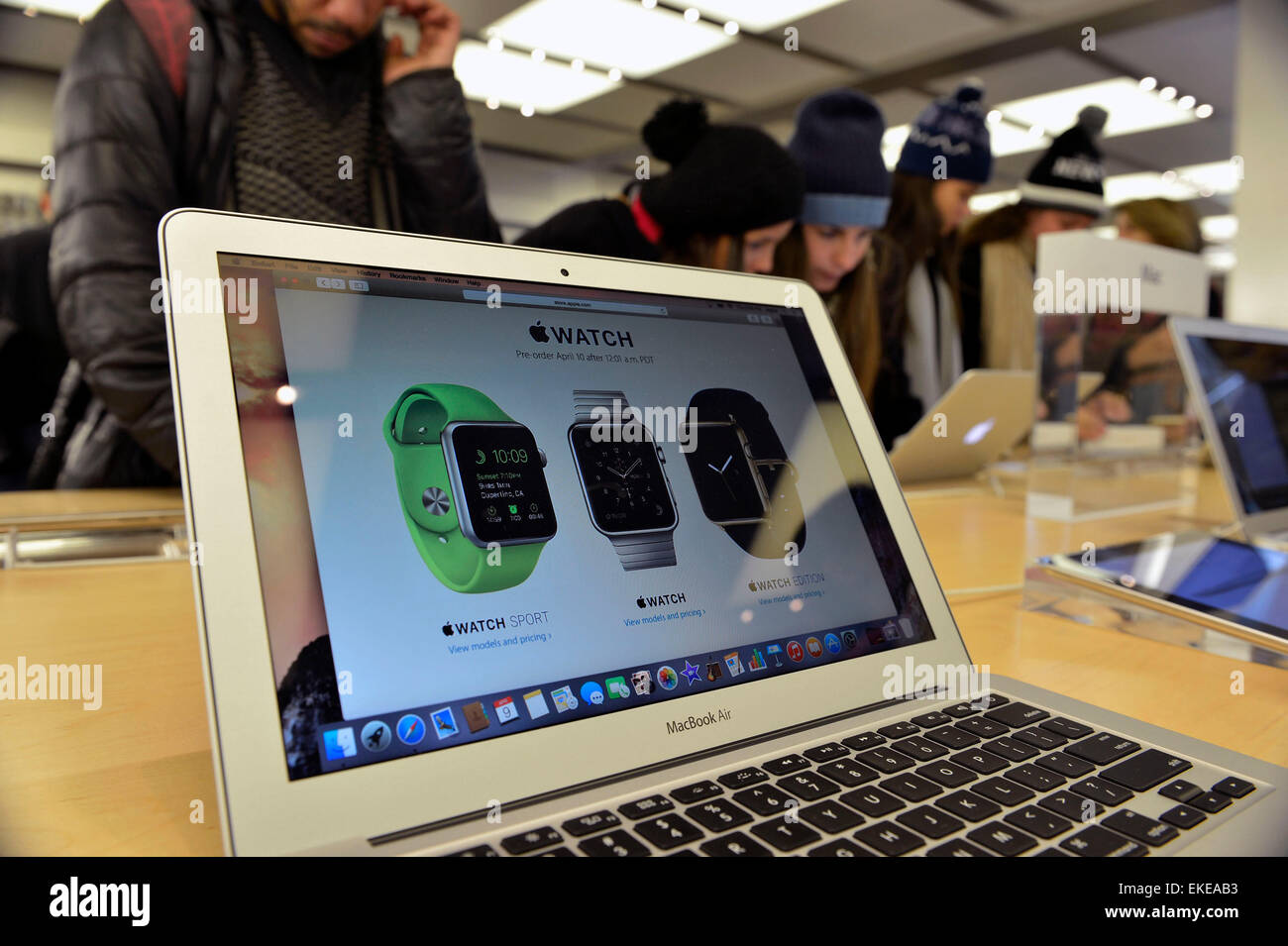 New York, USA. 9th Apr, 2015. Customers test Apple products at Apple ...