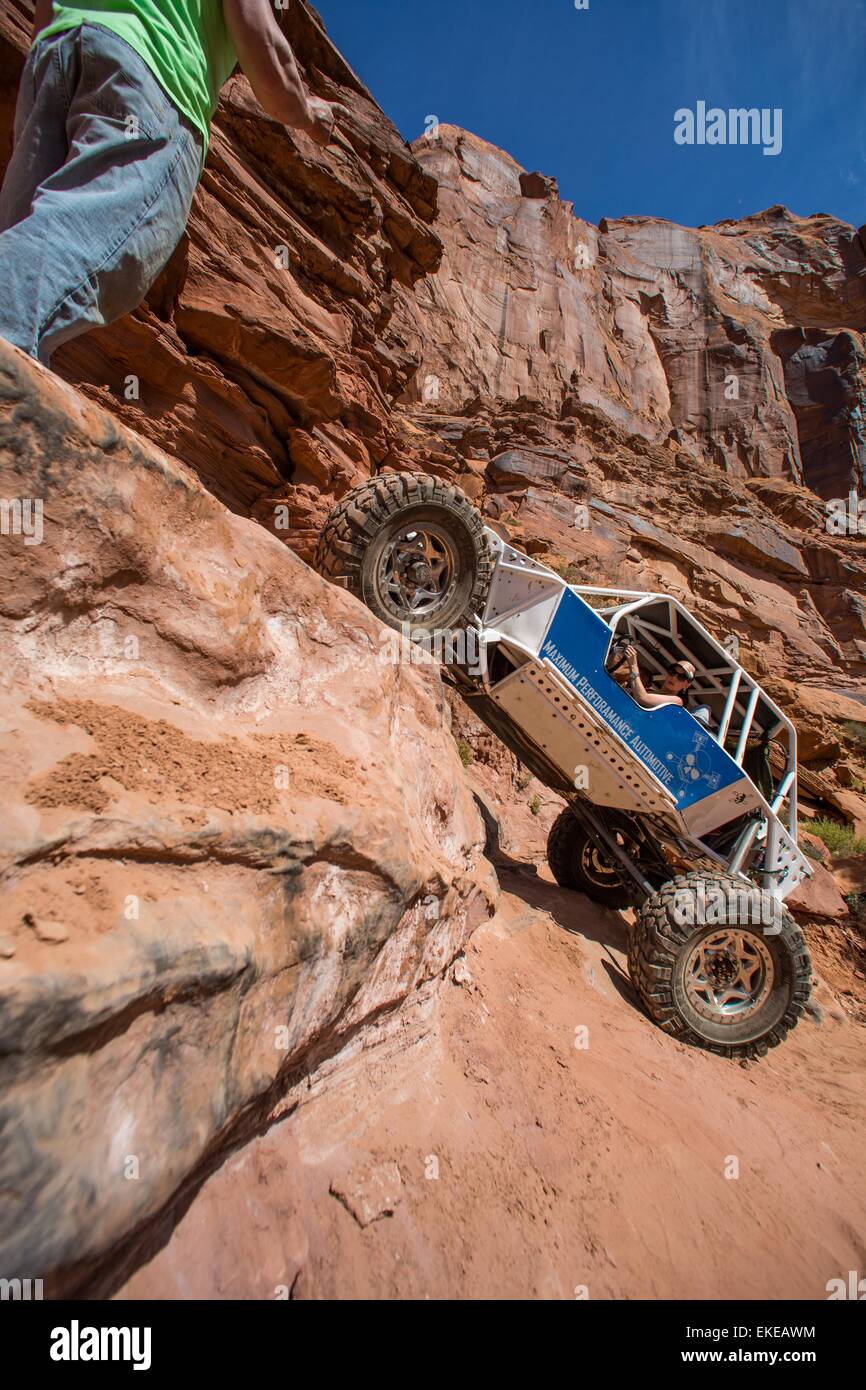 Moab, Utah, USA. 5th Apr, 2015. A woman off-roader driver climbs and ...
