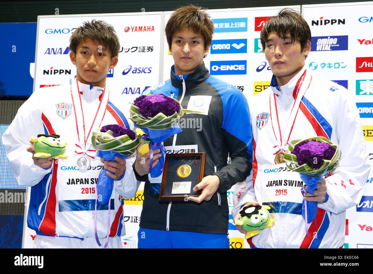 Tokyo, Japan. 9th Apr, 2015. (L-R) Takeshi Kawamoto, Junya Koga, Junya Hasegawa Swimming : Japan ...