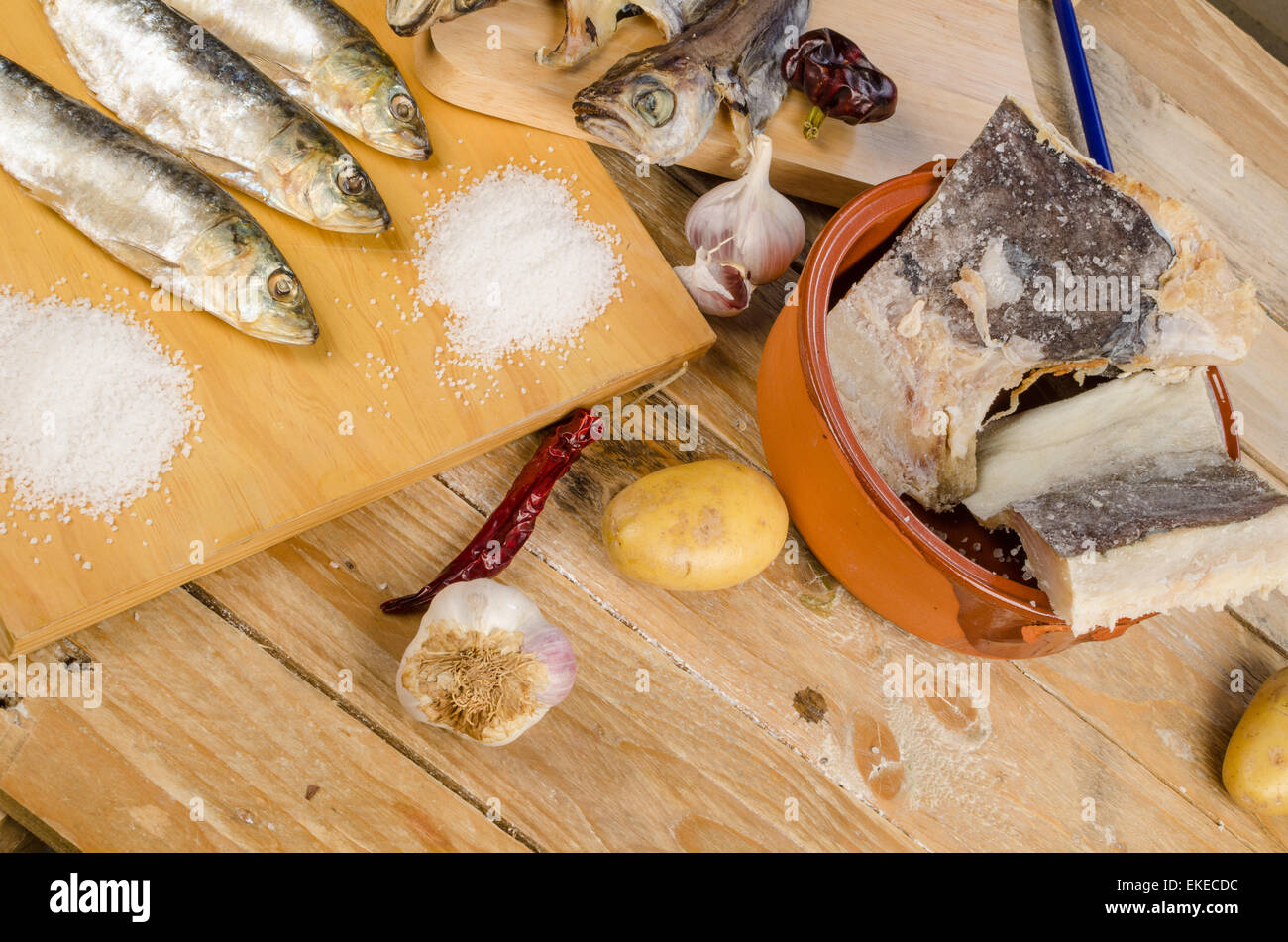 Assorted salt cured fish with ingredients for Mediterranean recipies ...