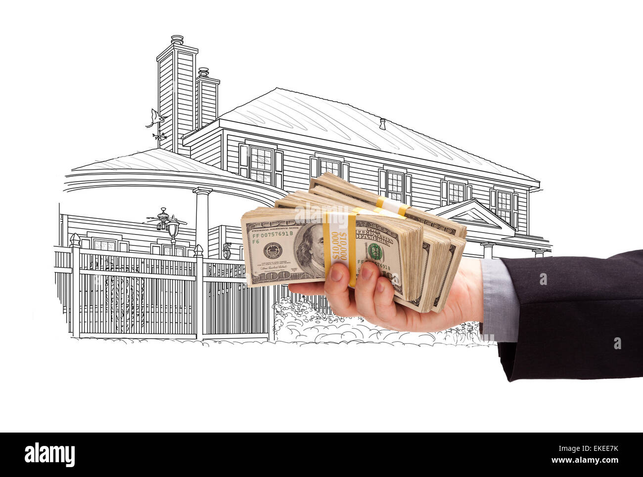Hand Holding Thousands of Dollars In Cash Over House Drawing Stock ...