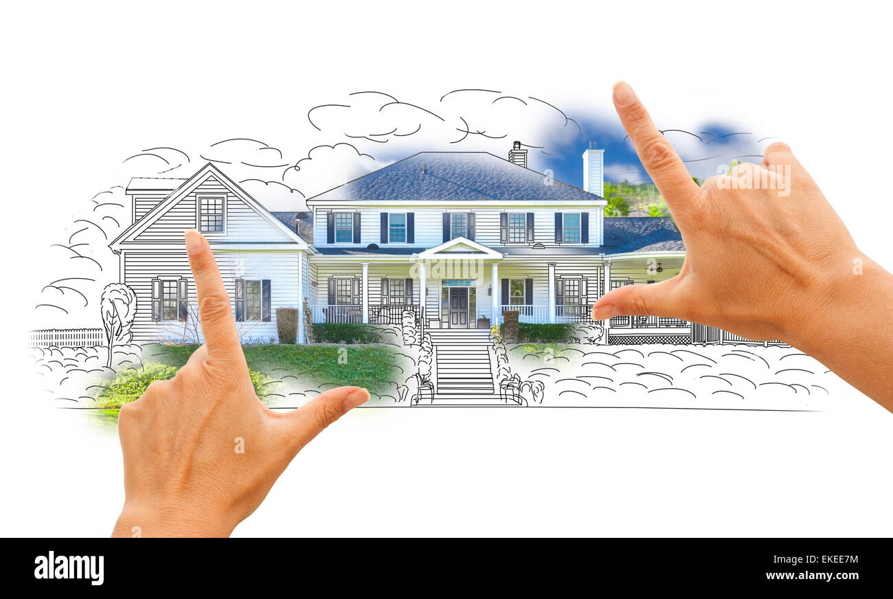 Hands Framing House Drawing and Photo Combination on White Stock Photo ...