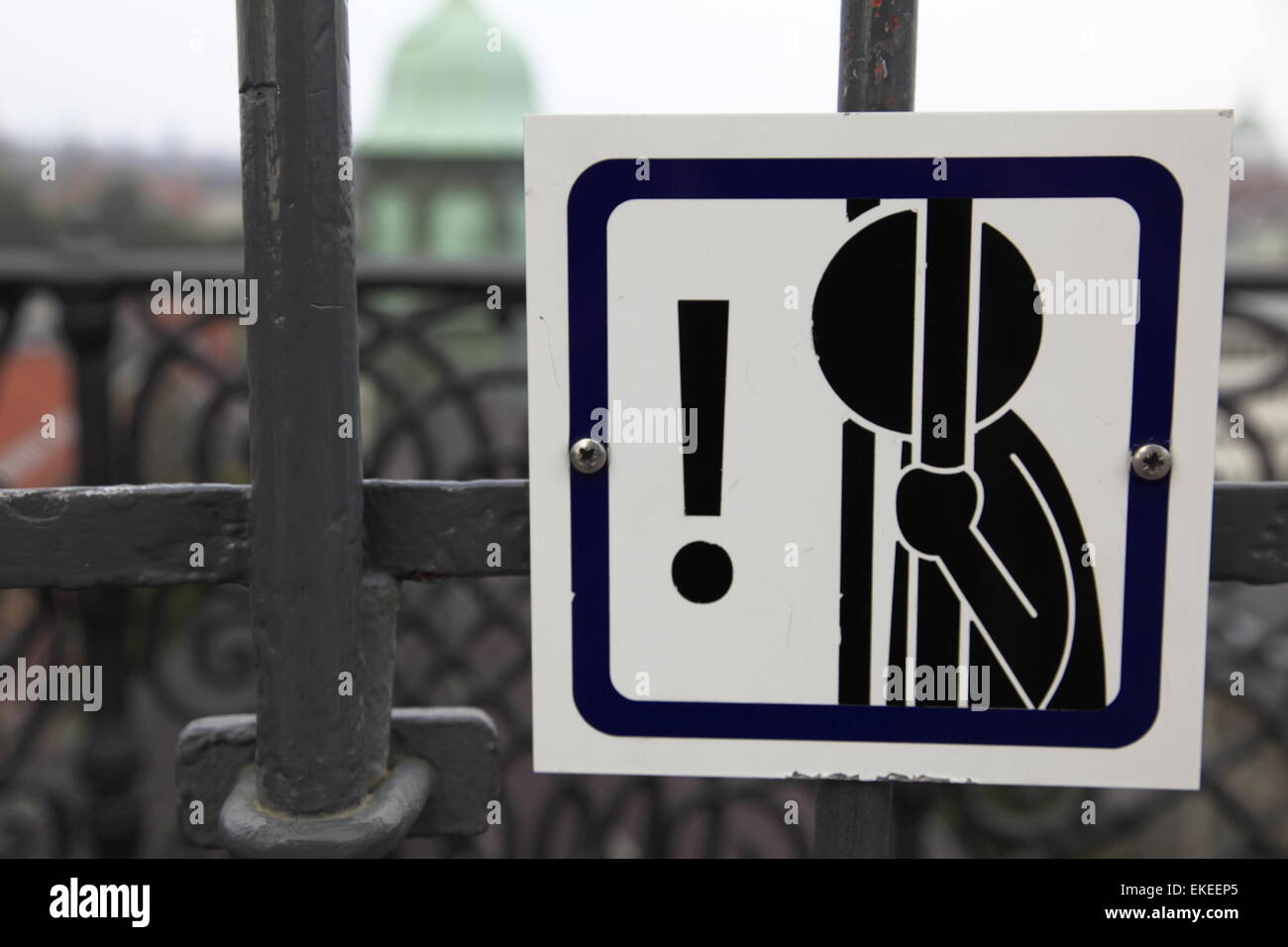 Warning sign on look out balcony on top of Rundetarn, Copenhagen ...