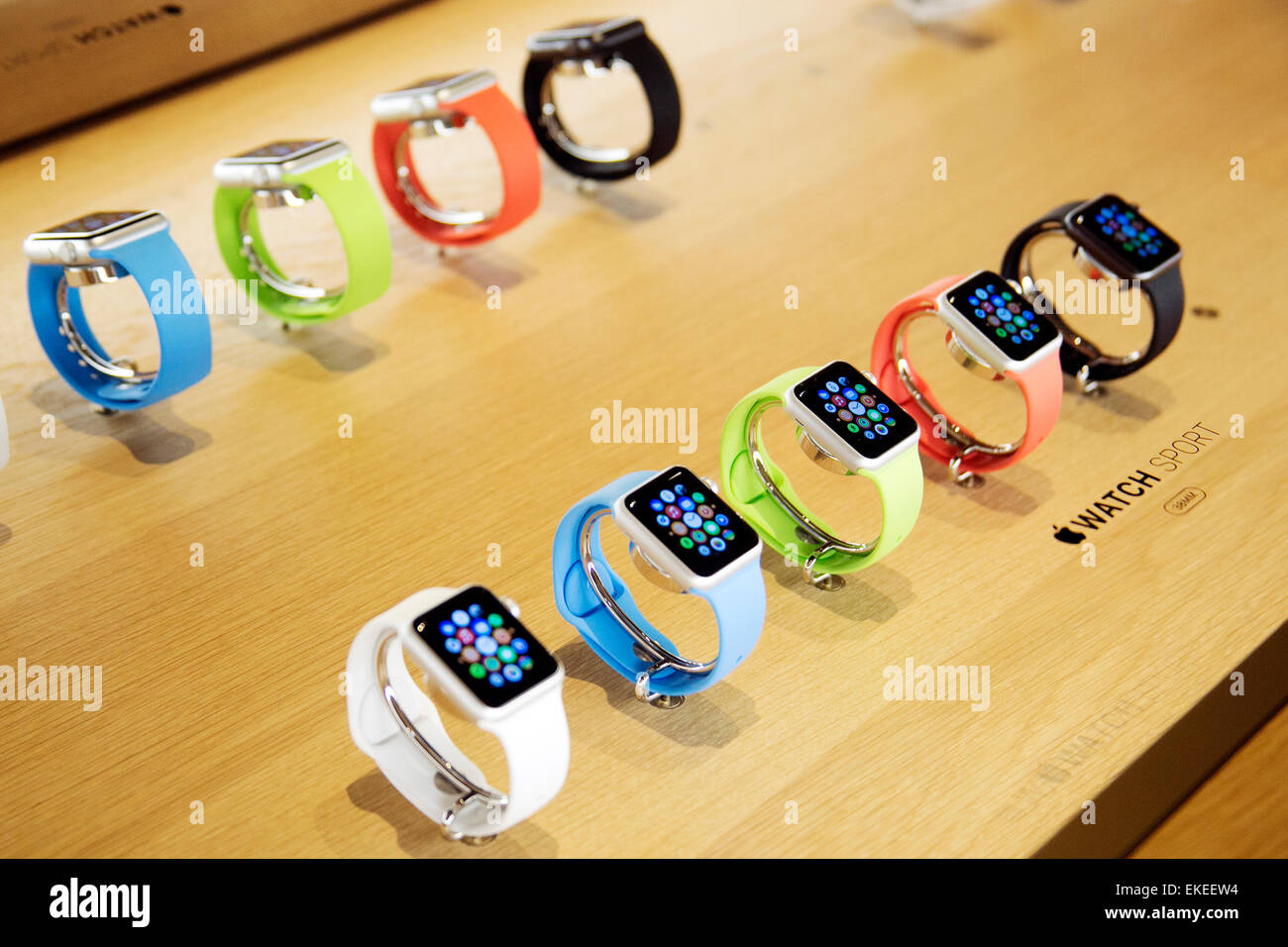 Tokyo, Japan. 10th April, 2015. Samples of Apple Watch Sport on display ...