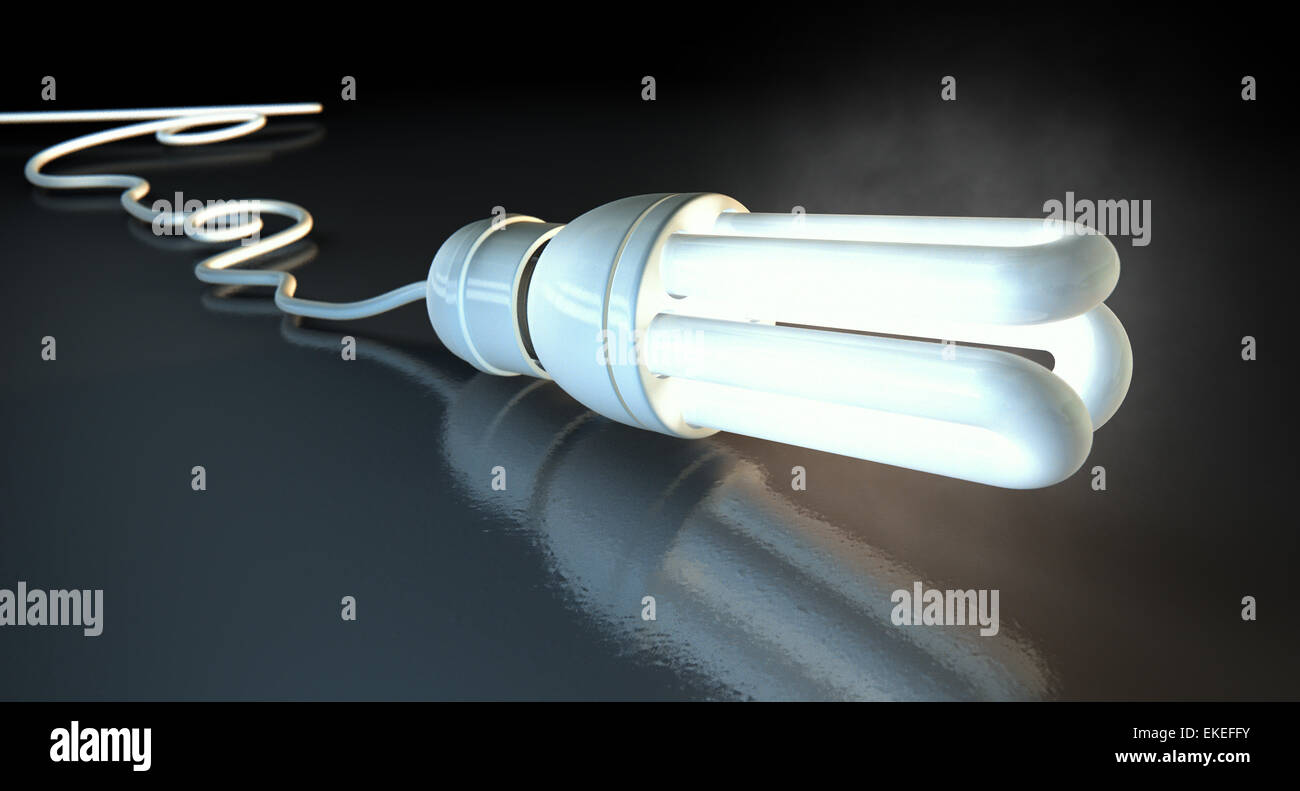 An illuminated fluorescent light bulb connected to an electical cable ...
