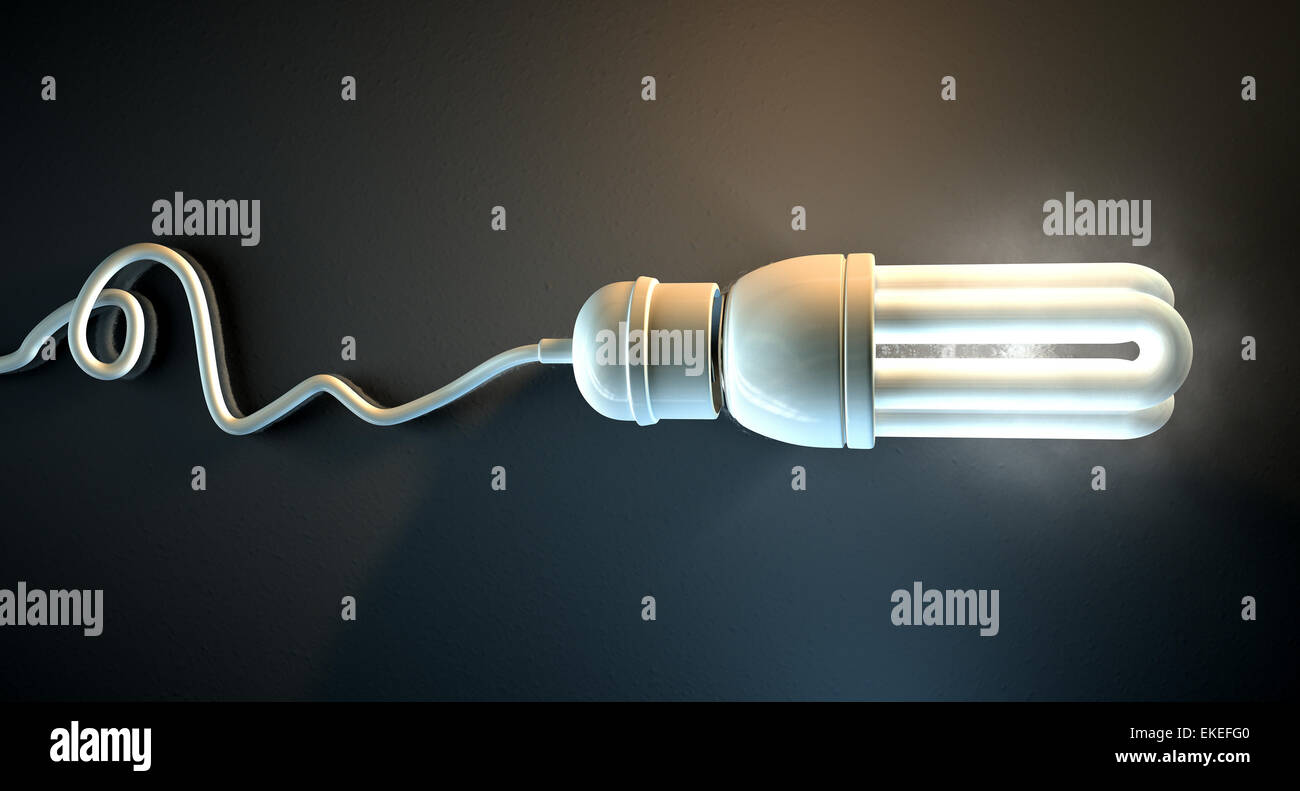 An illuminated fluorescent light bulb connected to an electical cable ...