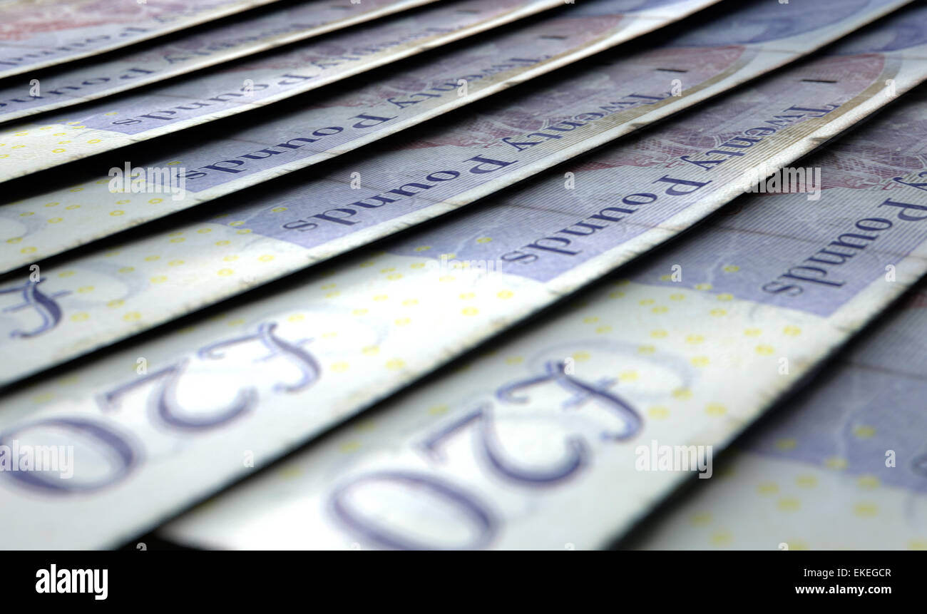 A macro close-up view showing the detail of british pound banknotes ...