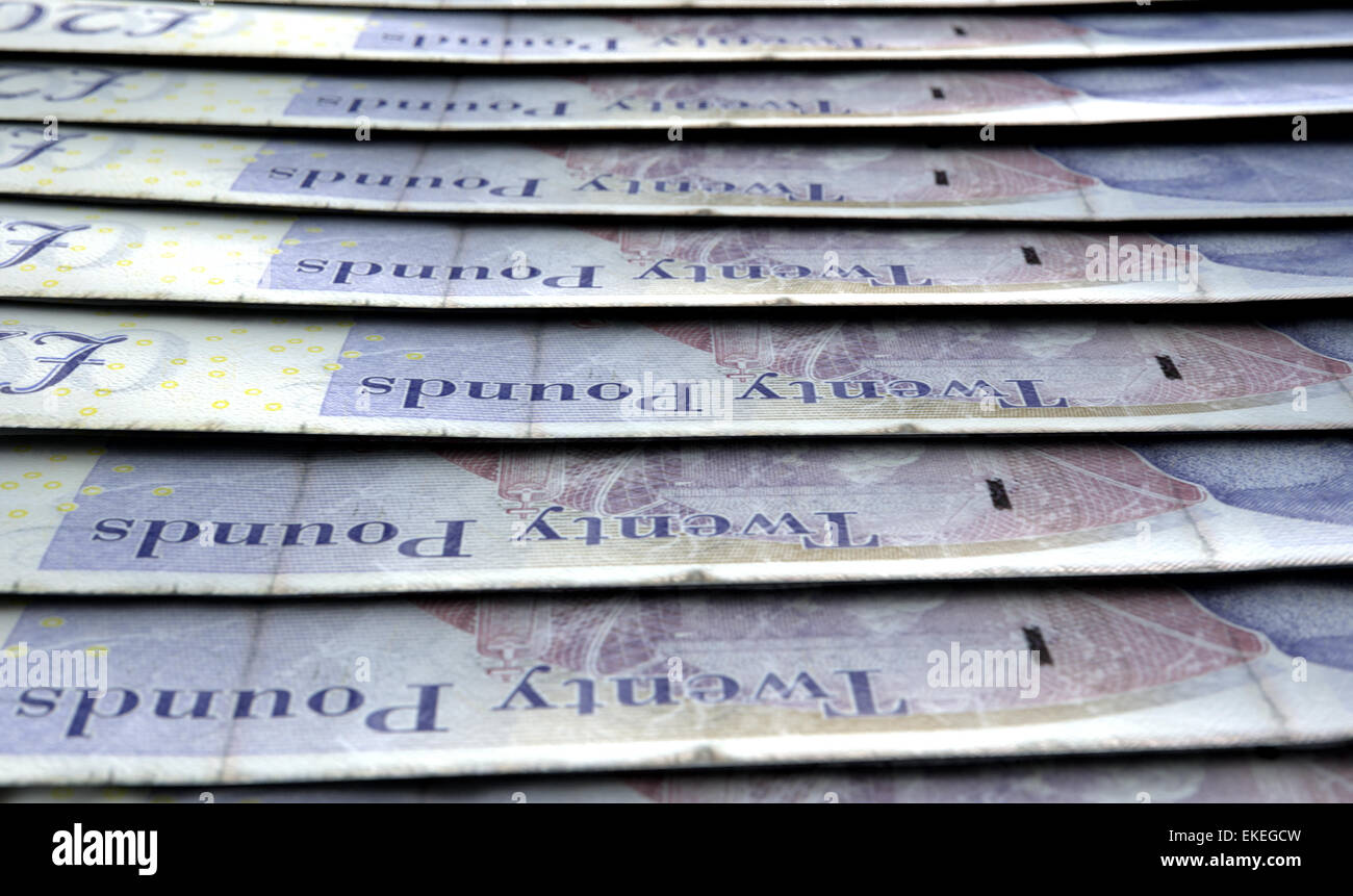 A macro close-up view showing the detail of british pound banknotes ...