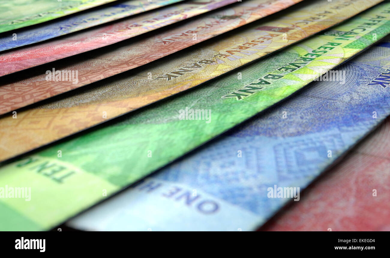 A macro close-up view showing the detail of south african rand ...