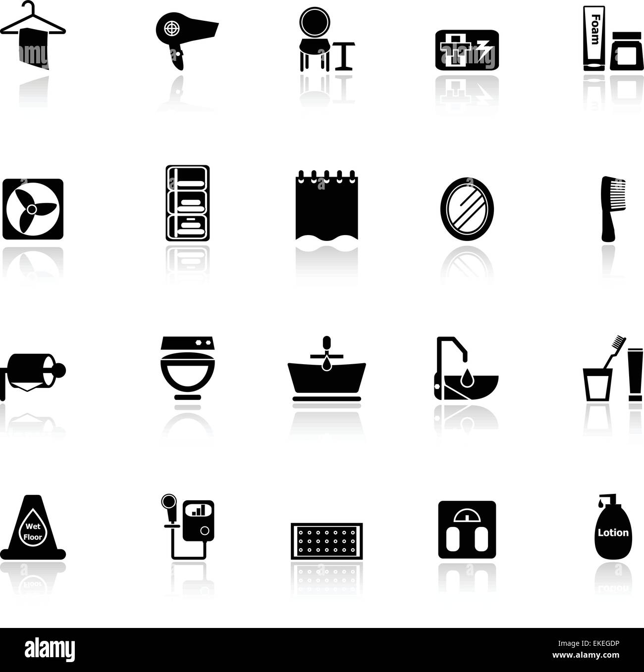Bathroom icons with reflect on white background, stock vector Stock ...