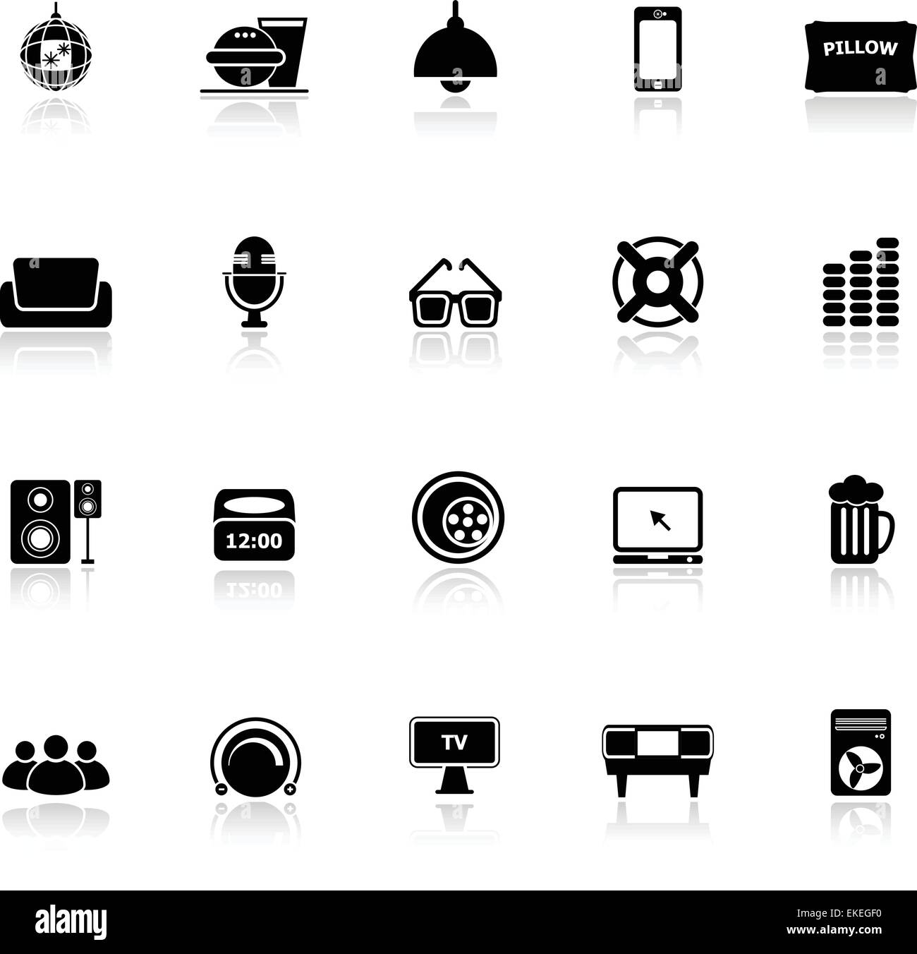 Home theater icons with reflect on white background, stock vector Stock ...