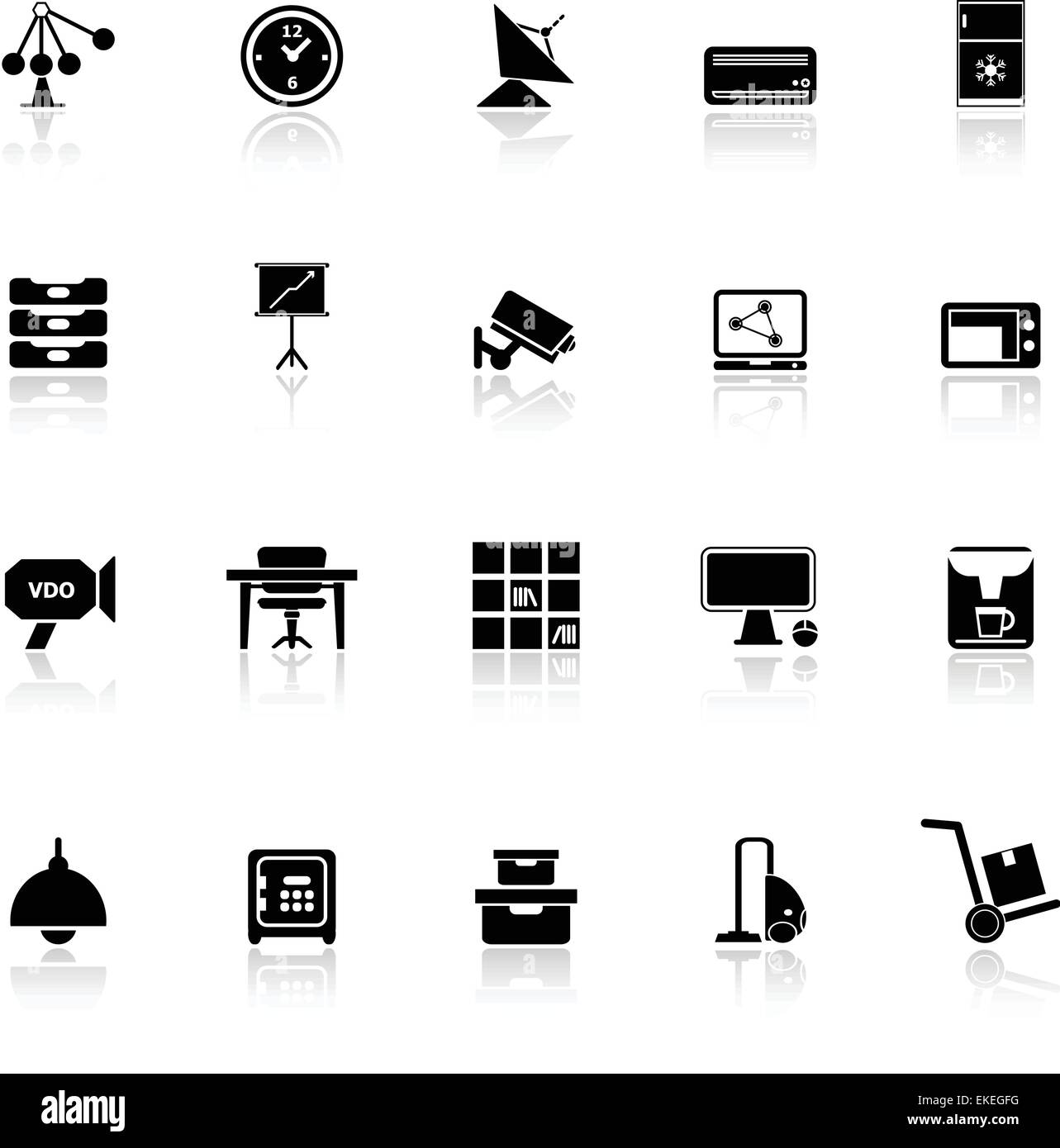 General office icons with reflect on white background, stock vector ...