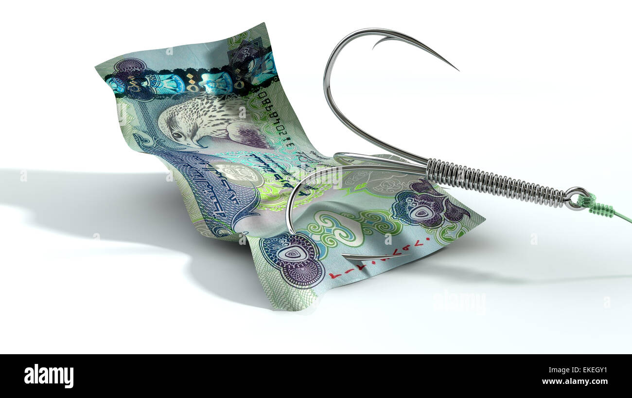 A concept image showing a dirham banknote used as bait attached to a ...