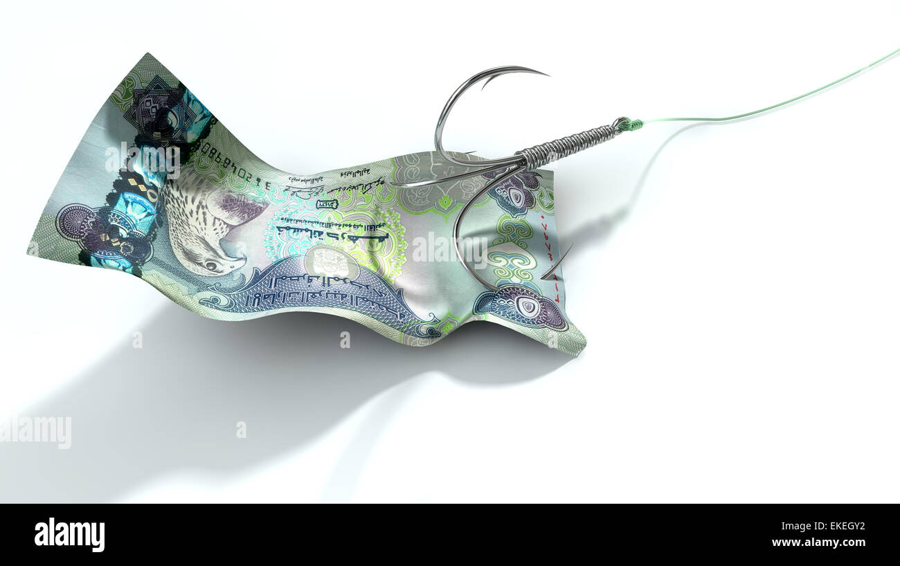 A concept image showing a dirham banknote used as bait attached to a ...